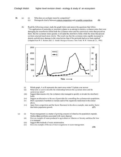 Revision Sheet Ecology And Study Of An Ecosystem With Marking Schemes Hl