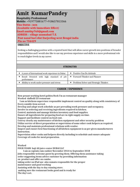 Amit Kumar Resume Pdf Cooking Cuisine