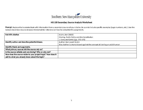 His 100 Secondary Source Analysis Worksheet His 100 Secondary Source Analysis Worksheet Prompt