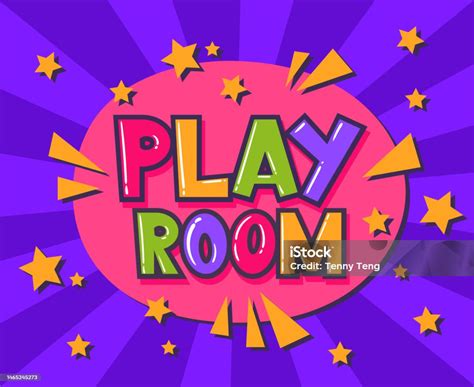 만화 놀이방 포스터 어린이 어린이 게임 영역 스티커 어린이 엔터테인먼트 놀이방 및 게임 영역 배지 흰색 배경에 평면 벡터 그림 0명에 대한 스톡 벡터 아트 및 기타 이미지