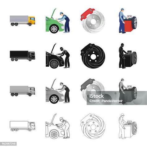 다른 장비 펌프 리프트 자동차 디자인에 대 한 설정 컬렉션 아이콘 만화 자동차 정비 역 벡터 기호 재고 일러스트 레이 션