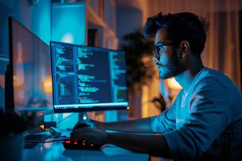 programmer coding at night software developer workspace and tech setup