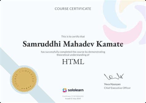 completed html course by sololearn app samruddhi kamate posted on the