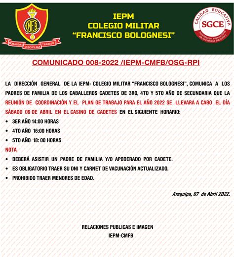Comunicado Nro Reunion De Trabajo Con Padres De Familia Cmfb