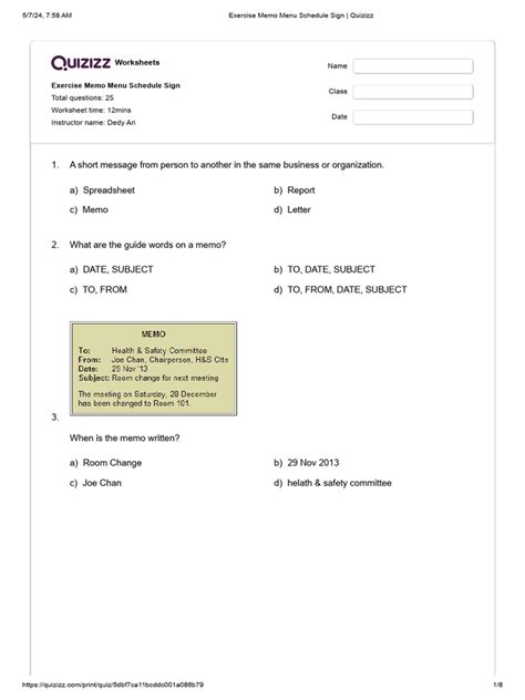 Exercise Memo Menu Schedule Sign Quizizz Pdf