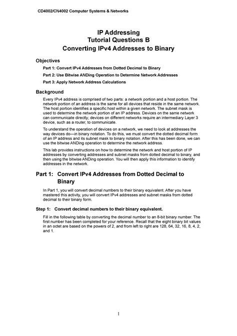 weeks 7 8 tutorial questions b ip addressing tutorial questions b converting ipv4 addresses to