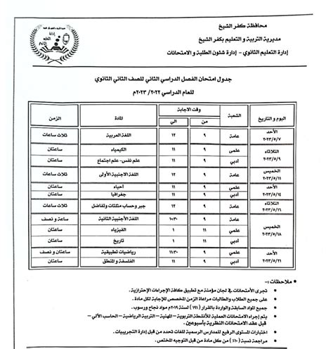 محافظ كفر الشيخ يعتمد جداول امتحانات الفصل الدراسي الثاني بمدارس