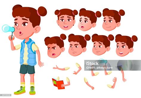 여자 아이 아이 십 대 벡터 작은 재미 있은 주니어입니다 친절 한 감정 다양 한 제스처를 얼굴 애니메이션 만들기 세트입니다 플랫 만화 캐릭터 일러스트를 절연 감탄에 대한