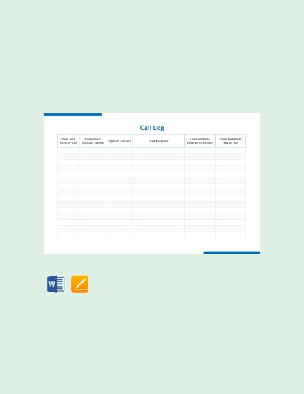 Daily Call Log Template Excel Word Apple Numbers Apple Pages Pdf