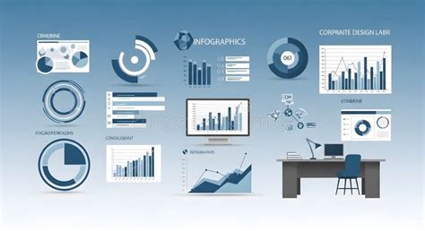 Infographic Elements With Pie Charts Bar Graphs And Workspace Illustration Stock Illustration