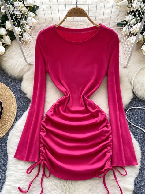 Singreiny Autumn Sexy Knit Dress Women Skinny Solid Drawstring Design