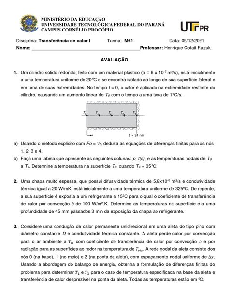 Avaliação Transcal 1 2021 2 Pdf Transferência De Calor Calor