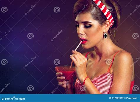 Pin Up Girl Drink Bloody Mary Cocktail Pin Up Retro Female Style Stock