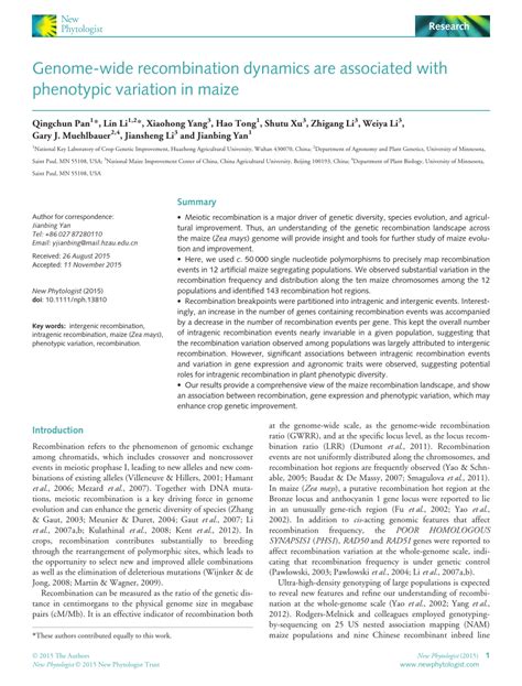 Pdf Genome Wide Recombination Dynamics Are Associated With Phenotypic