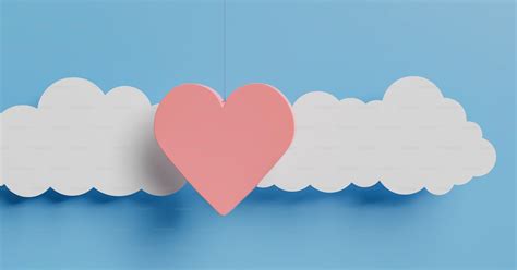 뒤에 평평한 구름과 파란색 배경이 있는 매달린 하트 발렌타인 데이 배너입니다 3d 렌더링 사진 Unsplash의 추상적인 이미지