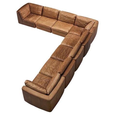 Mid Century Sectional Sofa In Patinated Cognac Leather For Sale At 1stdibs