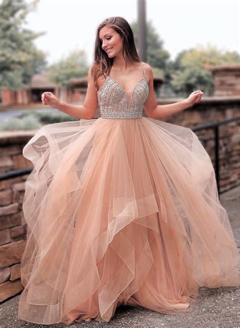 Sweep Train A Line Princess Princess V Neck Tulle Prom Dresses 218635