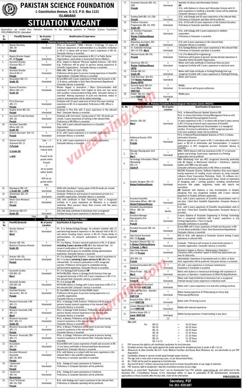 Pakistan Science Foundation Psf Islamabad Jobs 2021 For Scientific