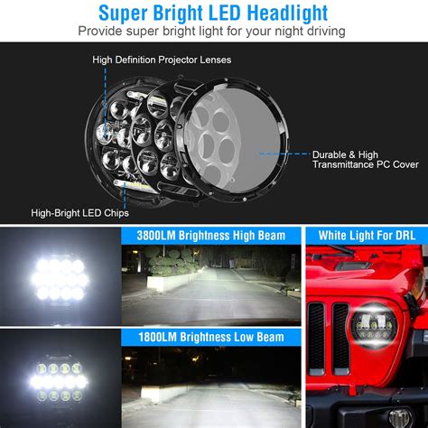2pcs 7 Round Led Headlight 75w Halo Car Headlamp Fit For Jeep Wrangler