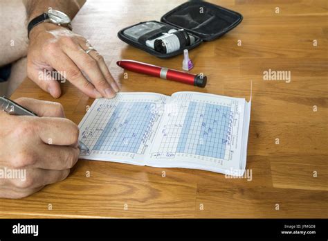 Diabetic Make Notes In His Blood Glucose Test Book Notes About Blood Glucose Levels Diary