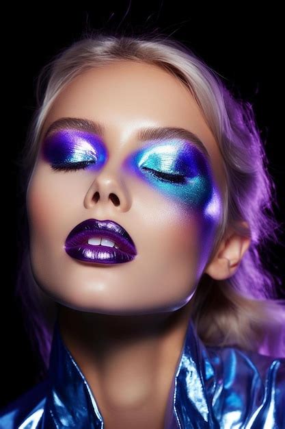 Premium Photo A Close Up Of A Woman With Purple And Blue Makeup