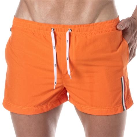 Tof Paris Mid Thigh Swim Shorts With Tricolor Stripe Orange Swim