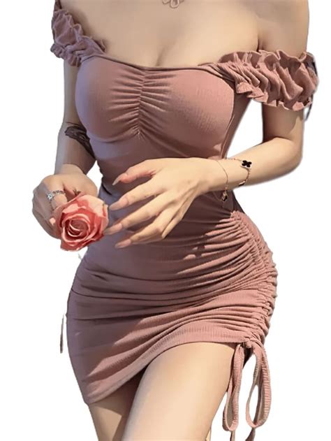 Vestido Mujer Corto Ajustado Cinta Costado Manga Corta Festón Casual