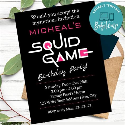 Squid Game Invitation Customizable Template DIY Sportspartydesign