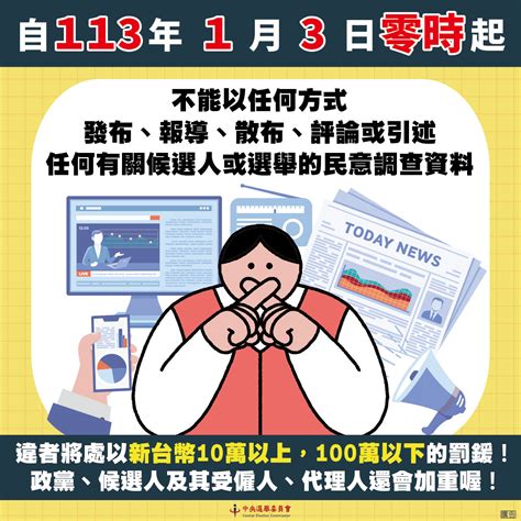 中選會再提醒：13起禁散布、評述大選民調資料 違者依對象最重罰2百萬元