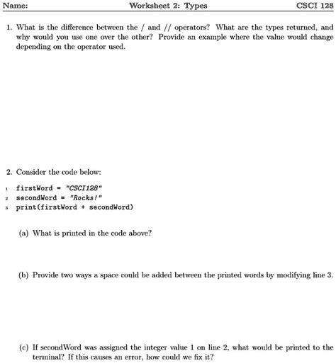 solved name worksheet 2 types csci 128 1 what is the difference