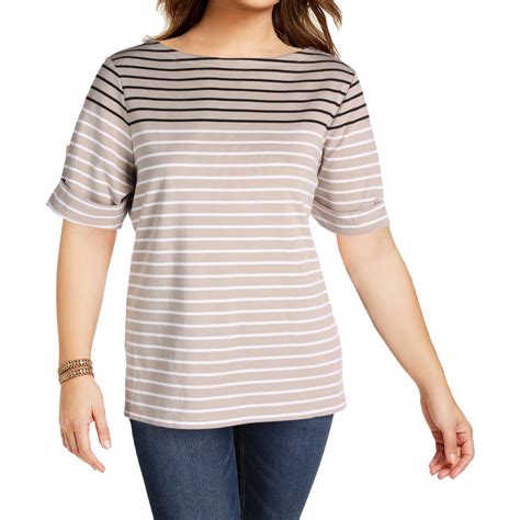 Karen Scott Plus Womens Cuffed Short Sleeves Striped Pullover Top