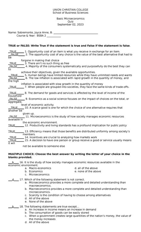 Basic Micro 1st Quiz 1 UNION CHRISTIAN COLLEGE Babe Of Business Sciences Basic