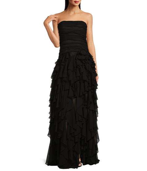 Muse By Marchesa Dahlia Chiffon Ruched Cascading Ruffle Strapless A Line Maxi Dress Dillards