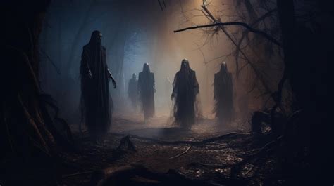 Premium Ai Image Spooky Haunted Trail With Ghostly Figures And Eerie