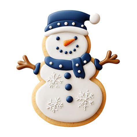 A Decorated Snowman Cookie With A Blue Hat Scarf And Smiling Face