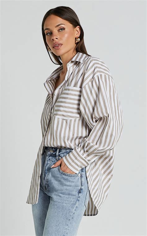 Jaycey Shirt Long Sleeve Pocket Detail Shirt In Beige Stripe Showpo