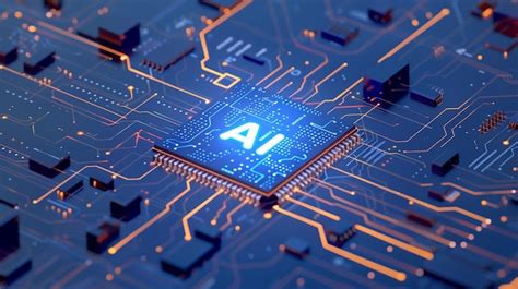 Closeup View Of A Hightech Ai Microchip On A Blue Circuit Board With Glowing Orange Lines