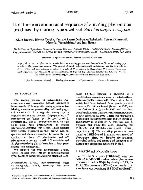 Pdf Isolation And Amino Acid Sequence Of A Mating Pheromone Produced By Mating Type α Cells Of
