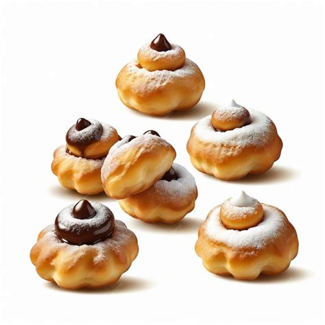 Several Small Donuts With Chocolate And Powdered Sugar On Them
