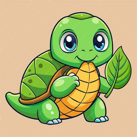 Adorable Cartoon Icon Featuring A Turtle Munching On A Green Leaf