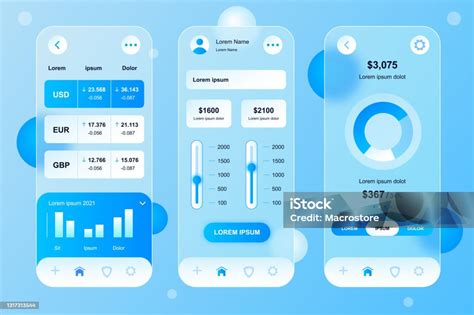모바일 앱용 호형성 요소 키트를 금융합니다 온라인 뱅킹 통화 통계 그래프 계좌의 돈 Ui Ux Gui 화면 세트 유리 형태