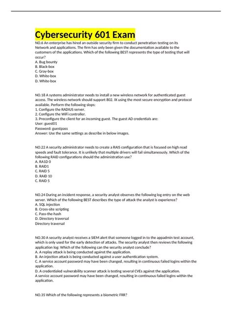 Cybersecurity 601 Exam Complete With Correct A Graded Answers Cybersecurity Stuvia Us
