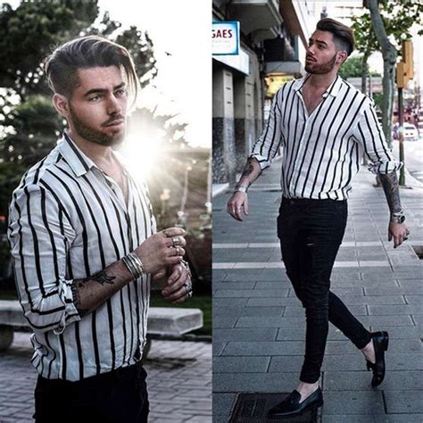 Camisa Social Listrada Fina Masculina Vertical Branco E Preto Manga Longa