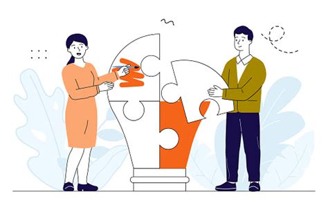 아이디어와 팀워크 남자와 여자 근처 퍼즐 전구 벽 풍경 창의성과 브레인스토밍 비즈니스 협업 및 협력 선형 벡터 그림 계획에 대한 스톡 벡터 아트 및 기타 이미지 Istock