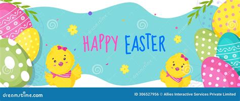 Illustration Of Cute Chicks Cartoon Flowers Leaves And Painted Eggs