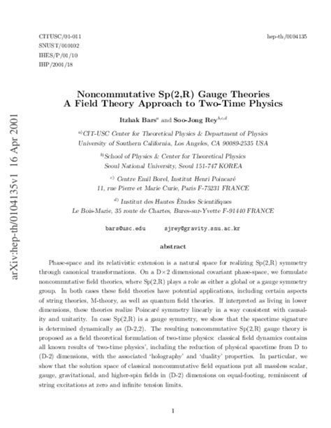 Pdf Noncommutative Sp 2 R Gauge Theories A Field Theory Approach To Two Time Physics