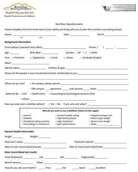 Printable Nutrition Questionnaire Templates Word Pdf Excel Tmp