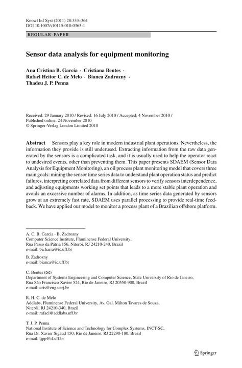 Pdf Sensor Data Analysis For Equipment Monitoring