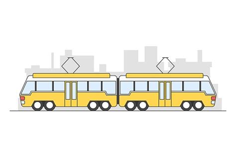 흰색 배경에 고립 된 뒤에 도시 풍경과 플랫 스타일의 트램 자동차 사이드 뷰 만화 벡터 일러스트레이션입니다 고풍스런에 대한 스톡