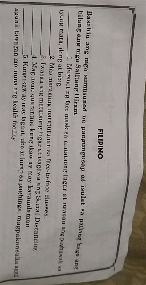 Basahin Ang Mga Sumusunod Na Pangungusap At Isulat Sa Patlang Bago Ang